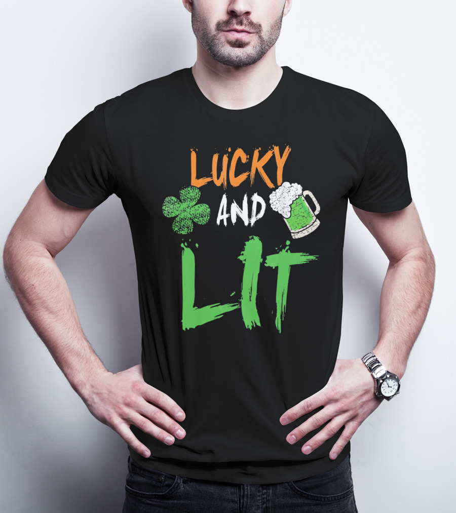 Lucky And Lit Irish Flag Shamrock Beer St. Patrick's Day T-Shirt