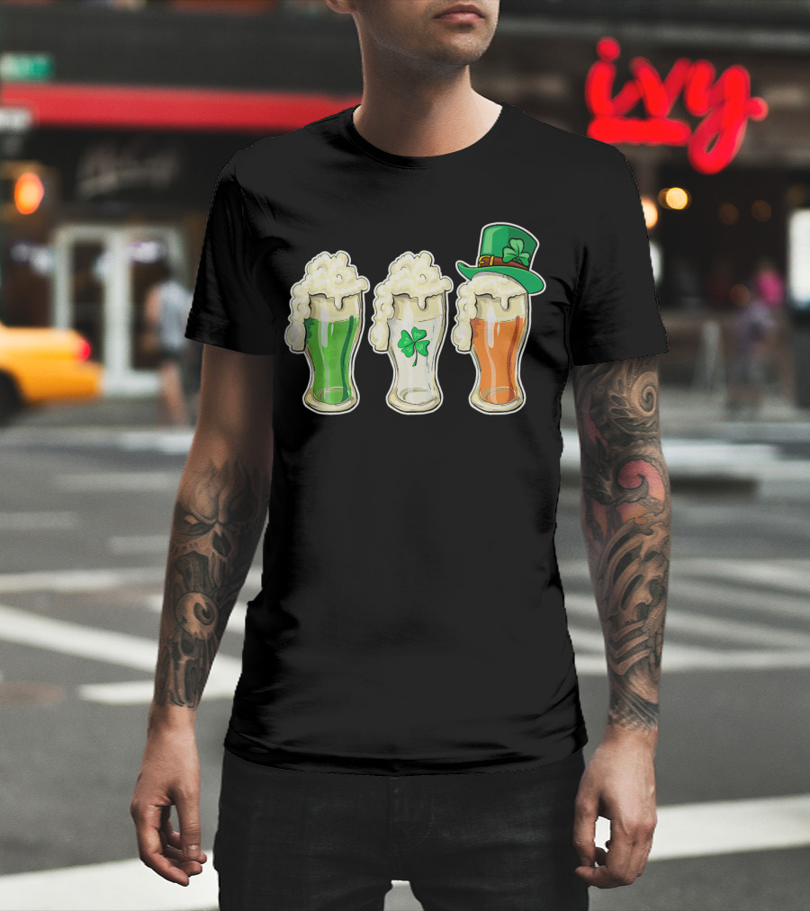 Irish Flag Beer Glasses With Shamrock And Leprechaun Hat T-Shirt