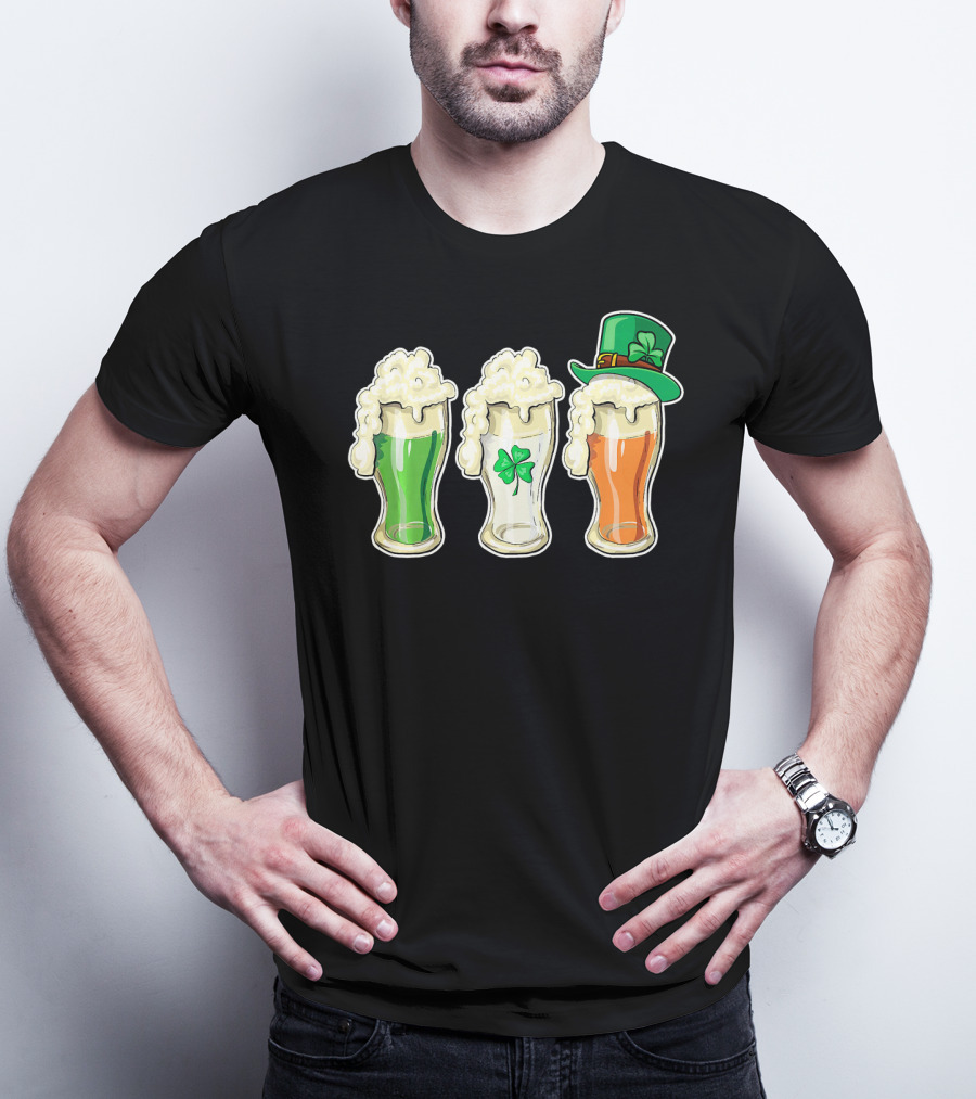 Irish Flag Beer Glasses With Shamrock And Leprechaun Hat T-Shirt