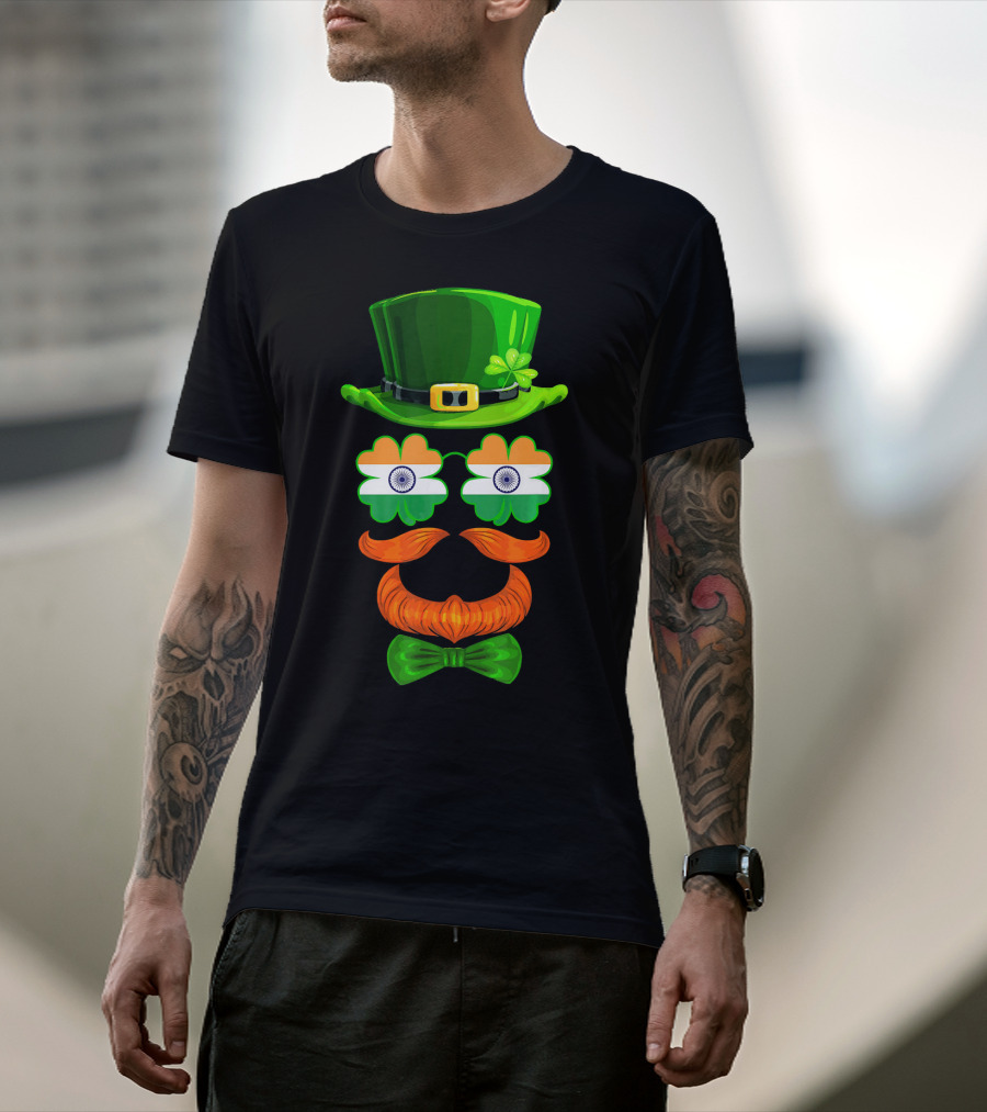 India Flag Shamrock Leprechaun Green Hat Orange Mustache Bow Tie T-Shirt