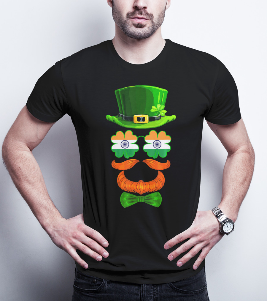 India Flag Shamrock Leprechaun Green Hat Orange Mustache Bow Tie T-Shirt