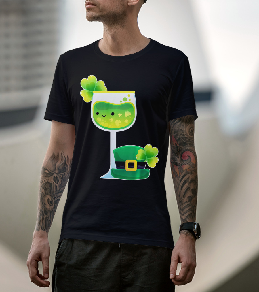 Saint Patrick's Day Green Shamrock Wine Glass With Leprechaun Hat T-Shirt