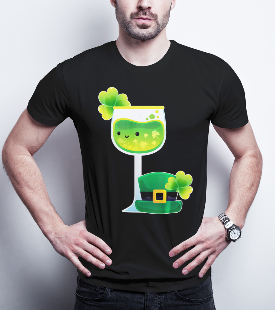 Saint Patrick's Day Green Shamrock Wine Glass With Leprechaun Hat T-Shirt