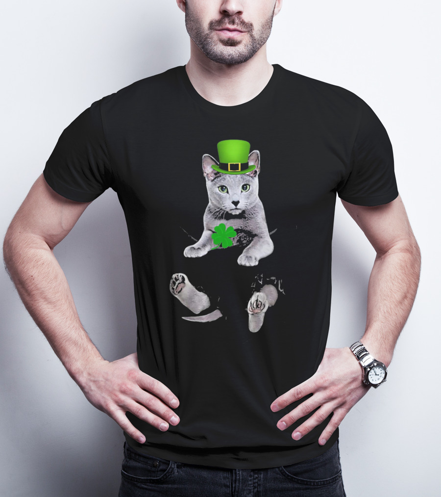 St Patricks Day Russian Blue Cat With Shamrock And Green Hat T-Shirt