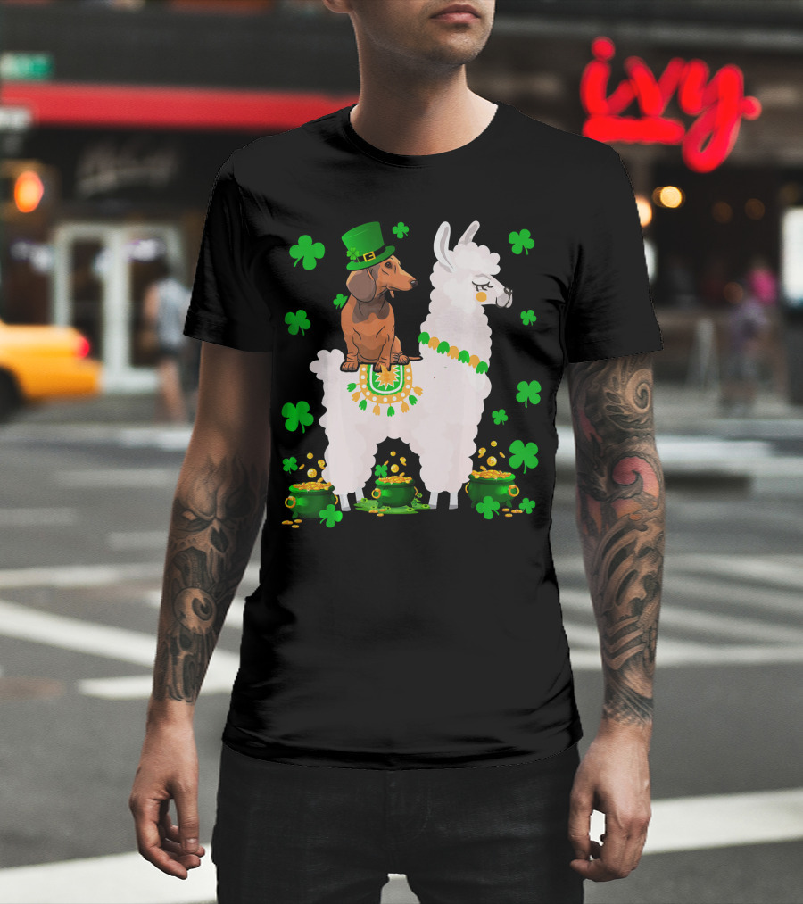 Leprechaun Dachshund Riding Llama Shamrocks Pots Of Gold T-Shirt