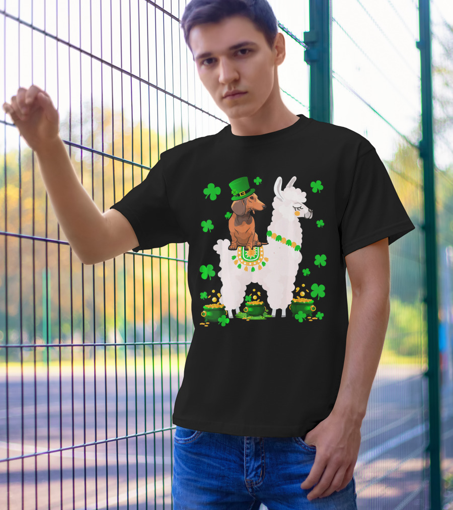 Leprechaun Dachshund Riding Llama Shamrocks Pots Of Gold T-Shirt