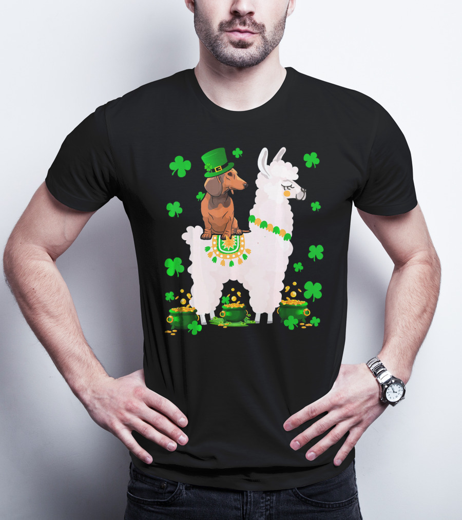 Leprechaun Dachshund Riding Llama Shamrocks Pots Of Gold T-Shirt