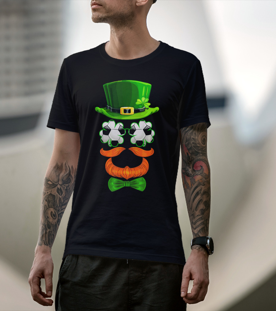 Leprechaun Hat With Soccer Ball Shamrock Glasses And Clover Bowtie T-Shirt