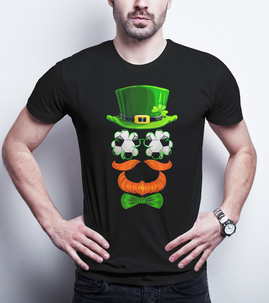 Leprechaun Hat With Soccer Ball Shamrock Glasses And Clover Bowtie T-Shirt