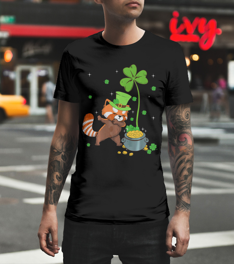Shamrock Leprechaun Red Panda Pot Of Gold St Patrick's Day T-Shirt