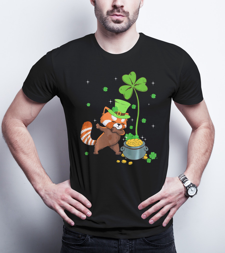 Shamrock Leprechaun Red Panda Pot Of Gold St Patrick's Day T-Shirt
