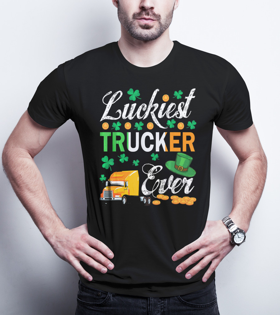 Luckiest Trucker Ever Shamrocks Leprechaun Hat And Coins T-Shirt