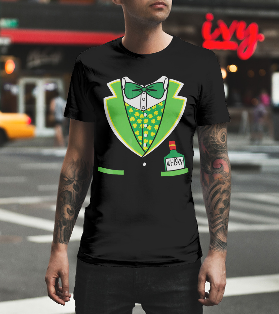 St Patricks Day Tuxedo Costume With Shamrock Vest And Whisky Flask T-Shirt