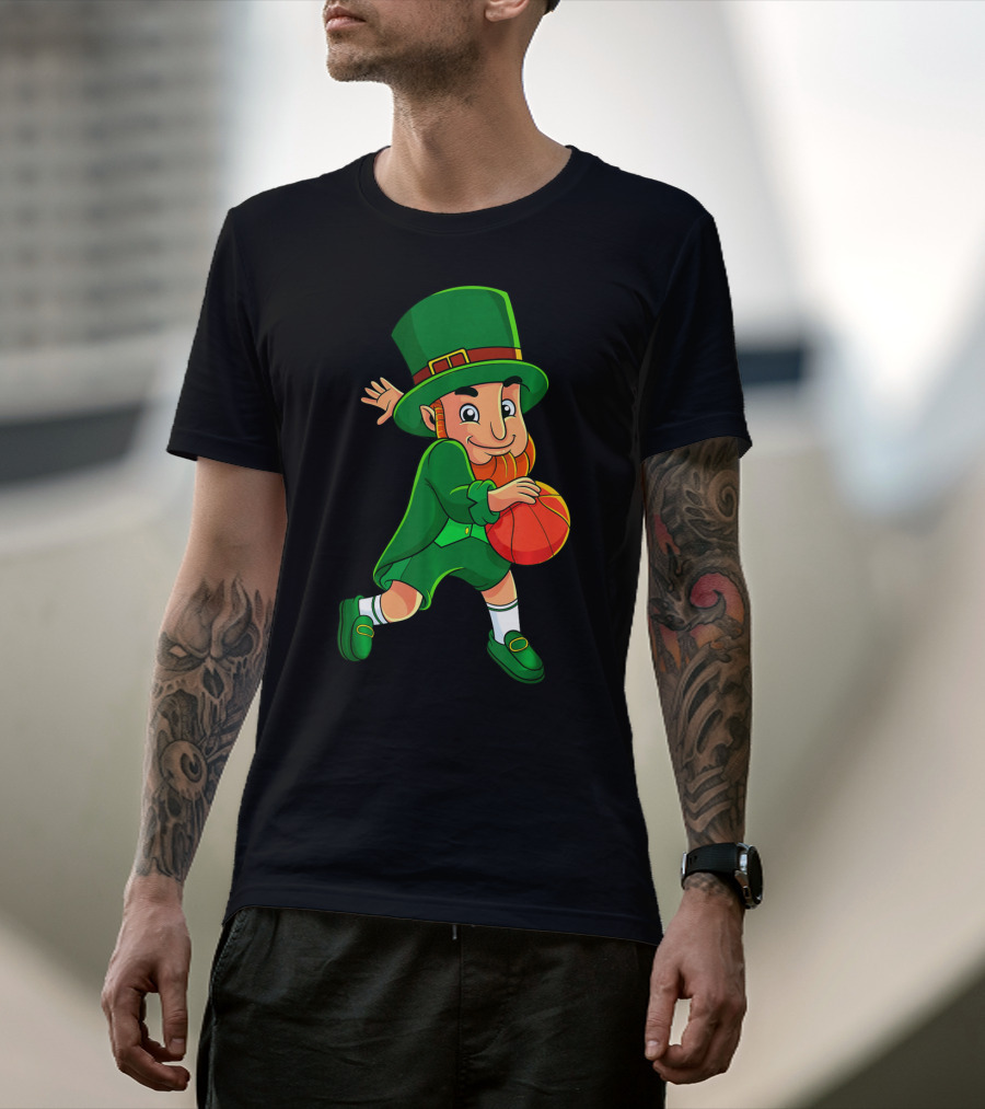 Leprechaun Basketball St Patricks Day Character In Green Outfit With Orange Ball T-Shirt