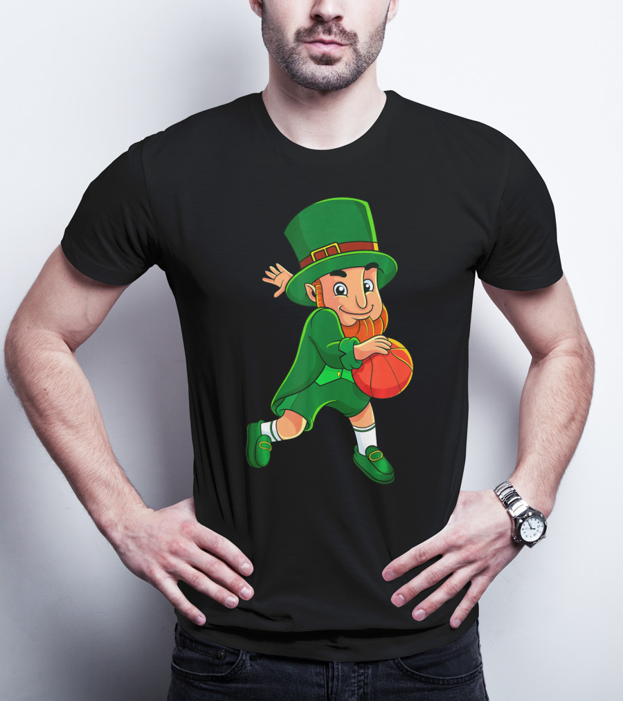 Leprechaun Basketball St Patricks Day Character In Green Outfit With Orange Ball T-Shirt
