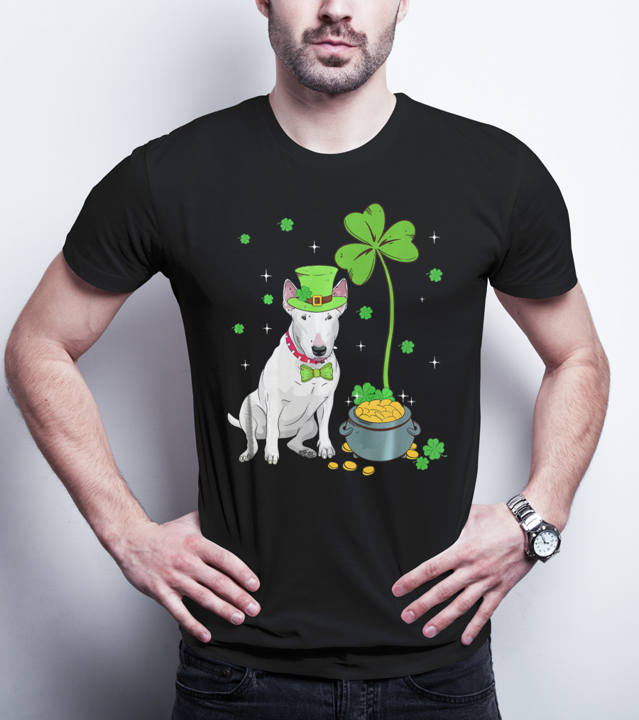 Shamrock Leprechaun Bull Terrier Pot Of Gold And Clover T-Shirt