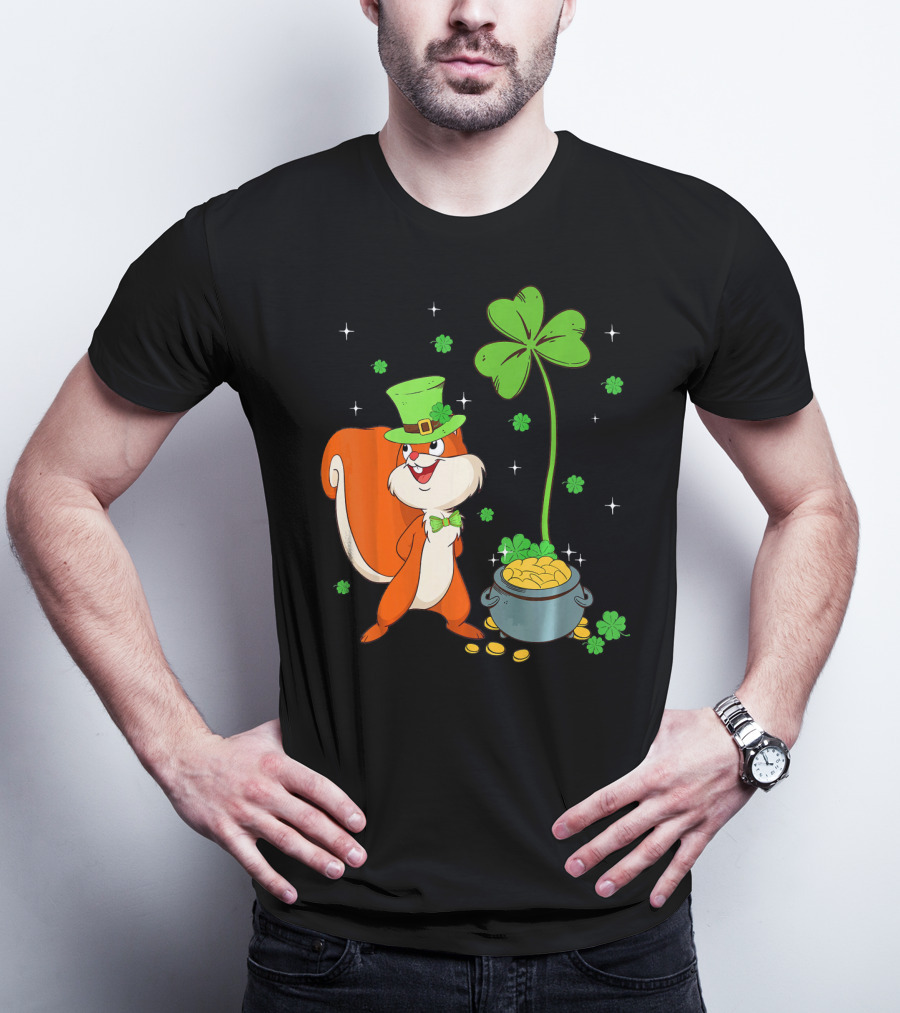 Leprechaun Squirrel With Shamrock And Pot Of Gold St Patricks T-Shirt