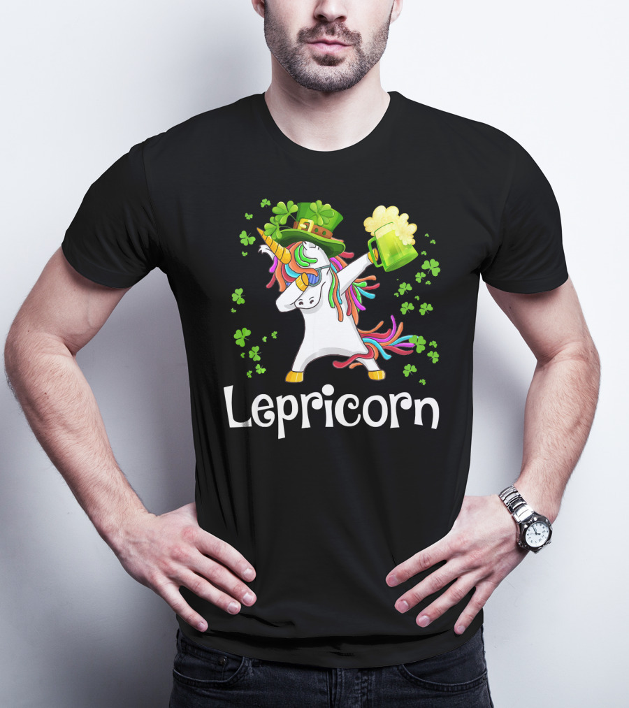 Lepricorn Beer Mug Shamrocks Rainbow Unicorn St. Patrick's Day T-Shirt