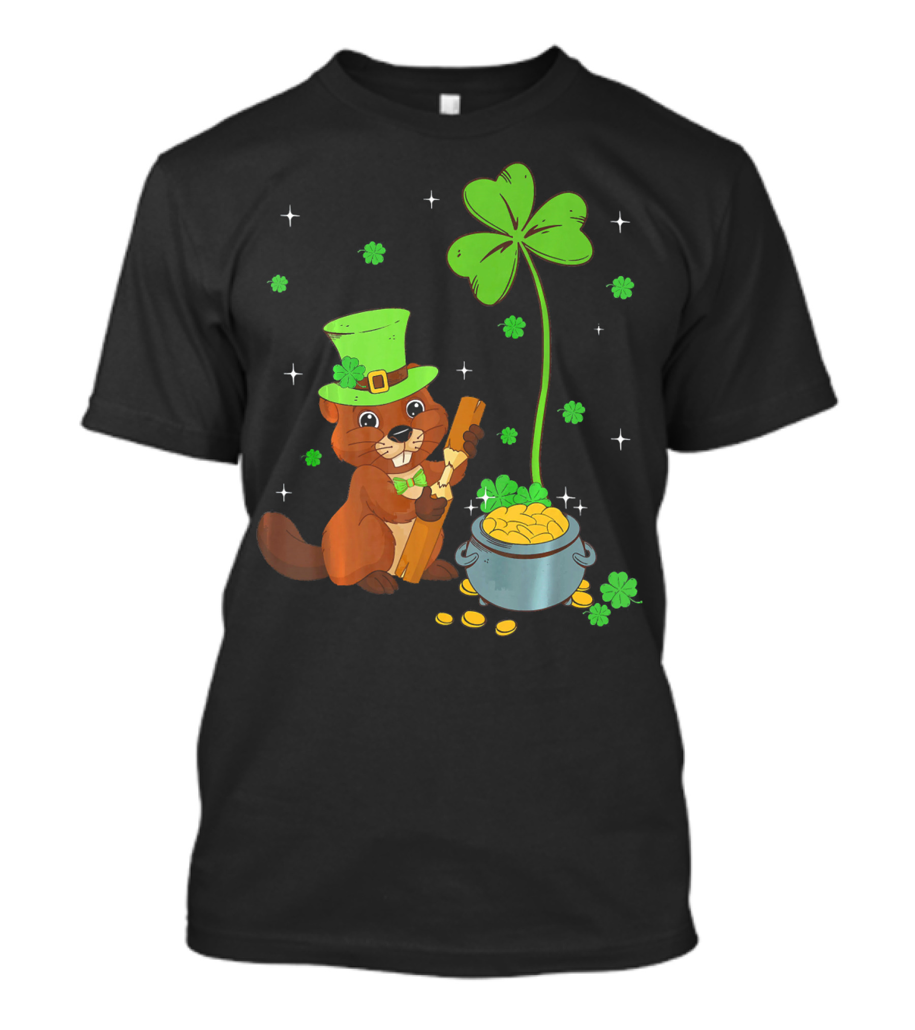 Shamrock-Leprechaun Beaver With Pot Of Gold And Clover For St Patricks T-Shirt