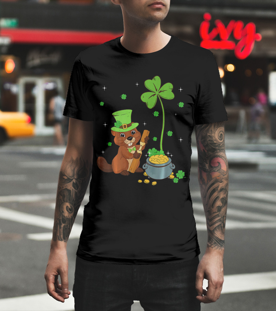 Shamrock-Leprechaun Beaver With Pot Of Gold And Clover For St Patricks T-Shirt