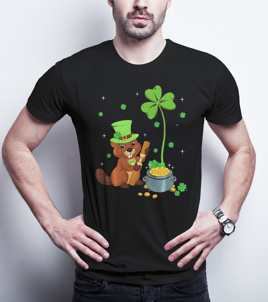Shamrock-Leprechaun Beaver With Pot Of Gold And Clover For St Patricks T-Shirt