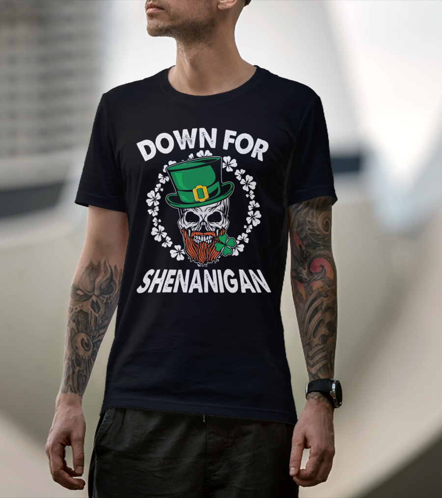 Down For Shenanigan Pirate Leprechaun Skull Shamrocks T-Shirt