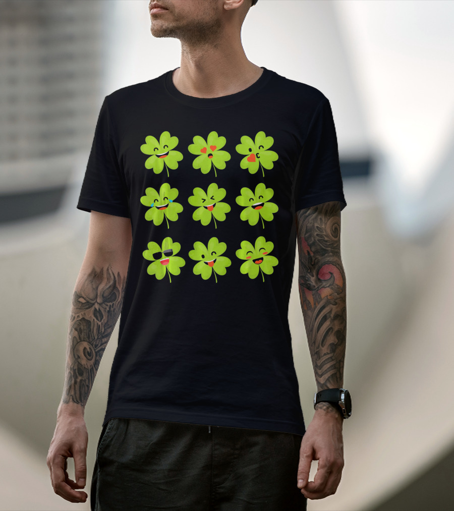 Four Leaf Clover Emojis Funny Saint Patrick's Day Smiley Faces T-Shirt