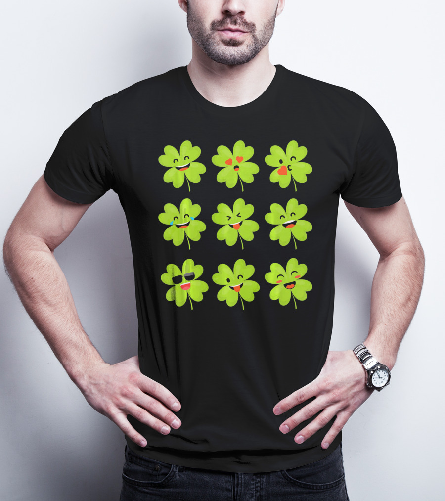 Four Leaf Clover Emojis Funny Saint Patrick's Day Smiley Faces T-Shirt