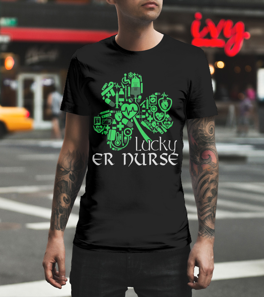 St Patricks Day Shamrock Lucky ER Nurse Medical Icons T-Shirt