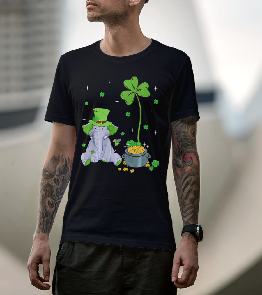 Shamrock Leprechaun Elephant St Patricks Pot Of Gold T-Shirt