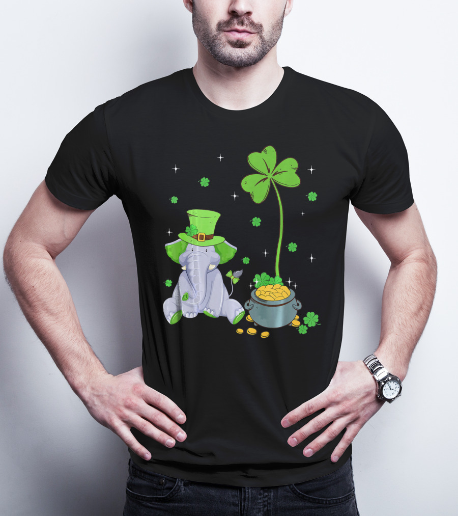 Shamrock Leprechaun Elephant St Patricks Pot Of Gold T-Shirt