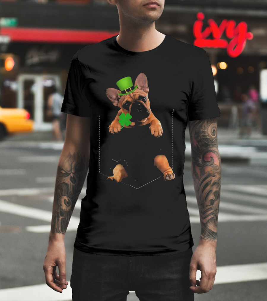 French Bulldog With Shamrock And Leprechaun Hat For St Patricks Day T-Shirt