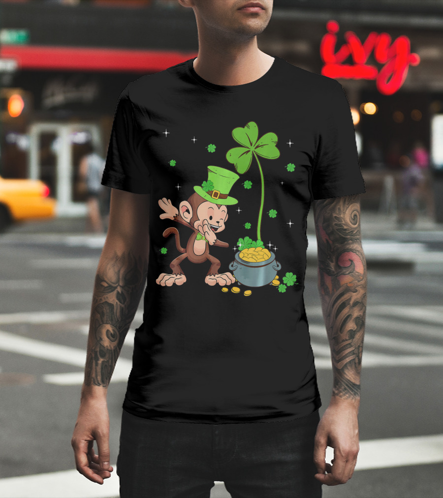 Shamrock Leprechaun Monkey With Pot Of Gold St Patricks T-Shirt