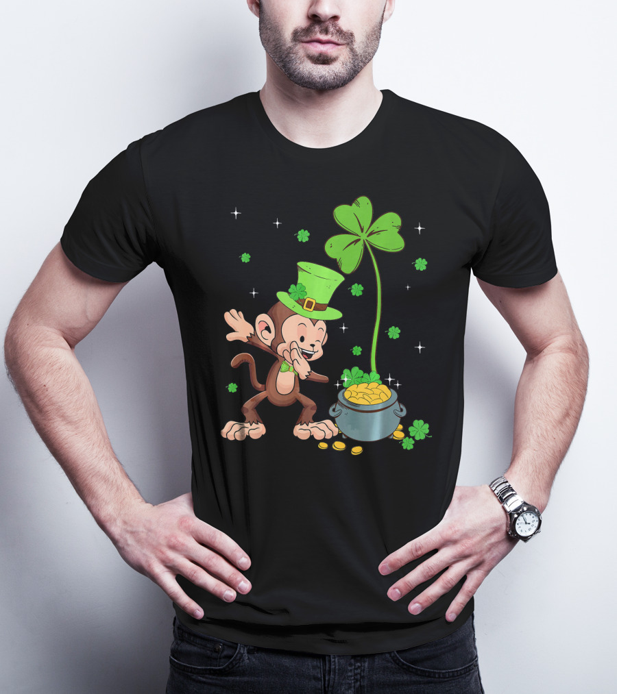 Shamrock Leprechaun Monkey With Pot Of Gold St Patricks T-Shirt