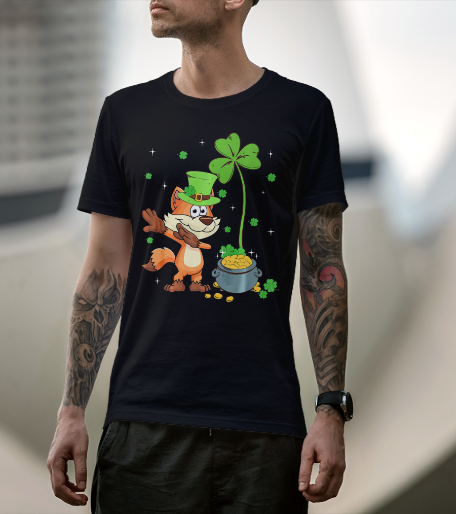 Shamrock Leprechaun Fox With Clover And Pot Of Gold T-Shirt
