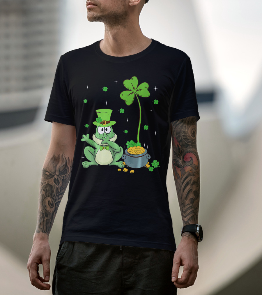 Shamrock Leprechaun Frog With Pot Of Gold And Clover Hat T-Shirt