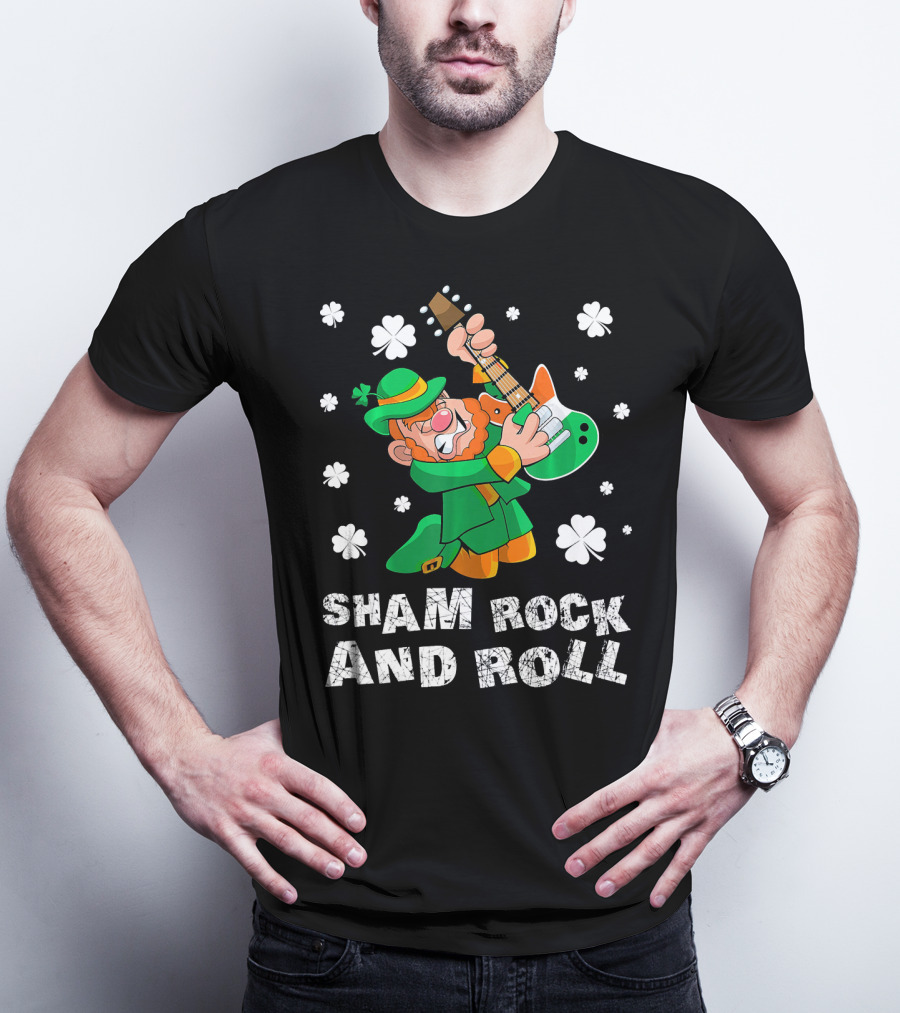 Sham Rock And Roll Leprechaun Playing Guitarist St Patricks Clover T-Shirt