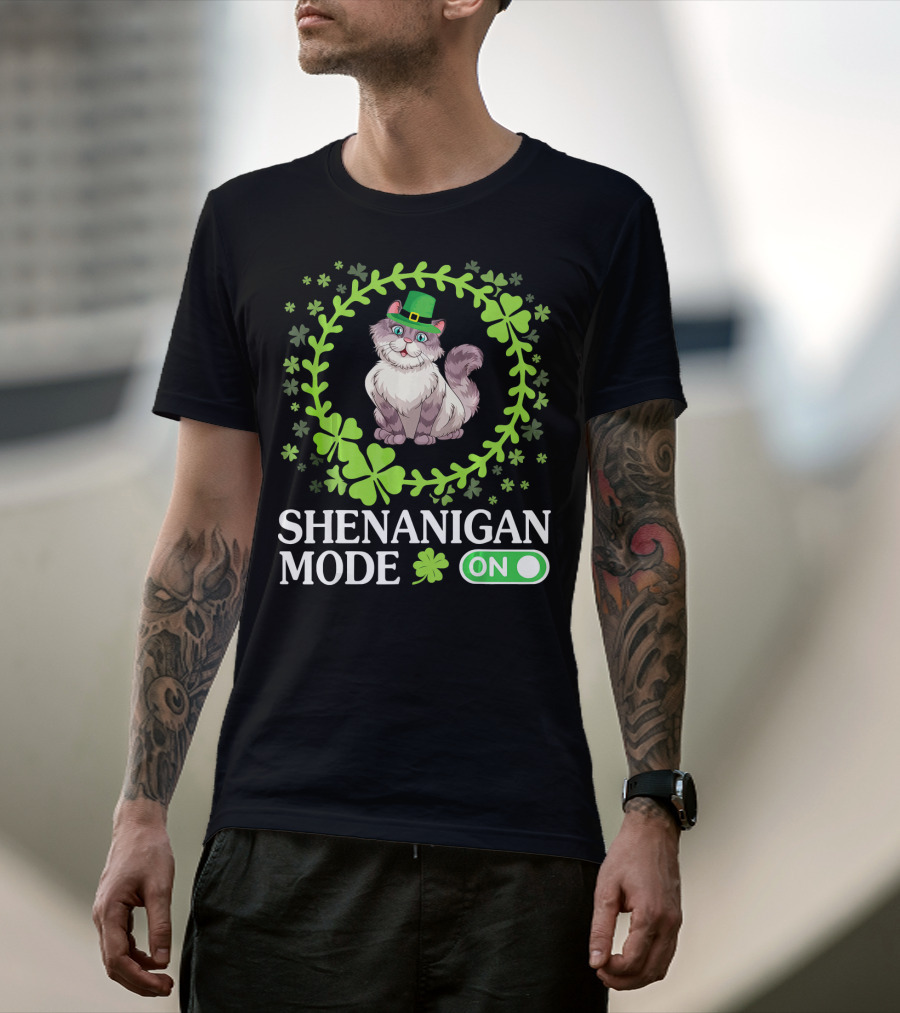 Shenanigan Mode On With Leprechaun Cat In Shamrocks Circle T-Shirt