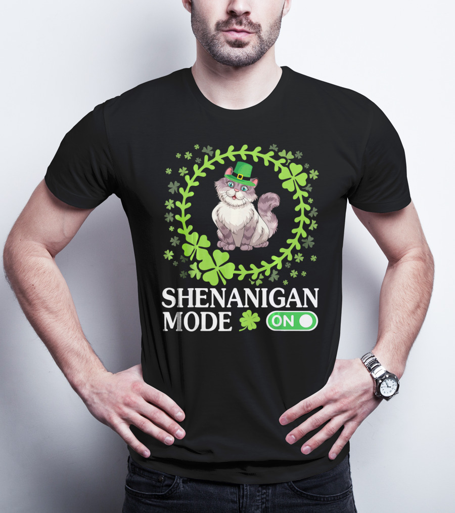 Shenanigan Mode On With Leprechaun Cat In Shamrocks Circle T-Shirt