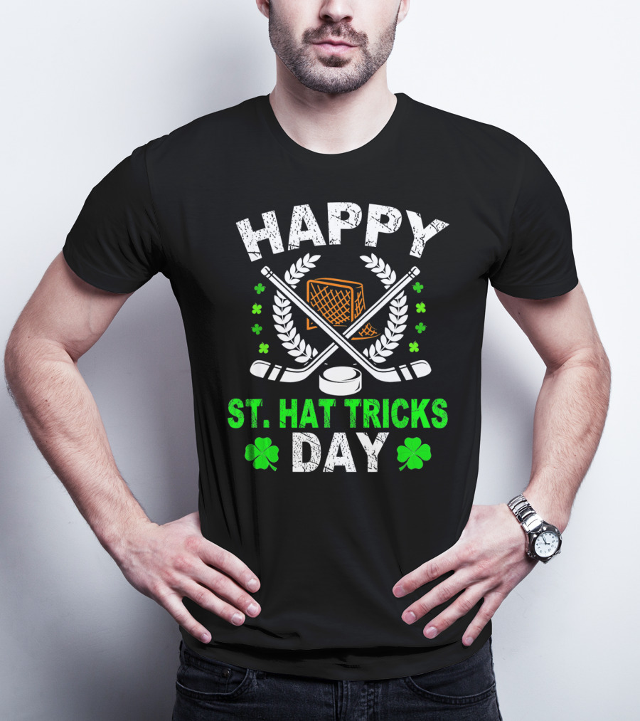 Happy St. Hat Tricks Day Hockey St. Patrick's Day Shamrocks And Sticks T-Shirt