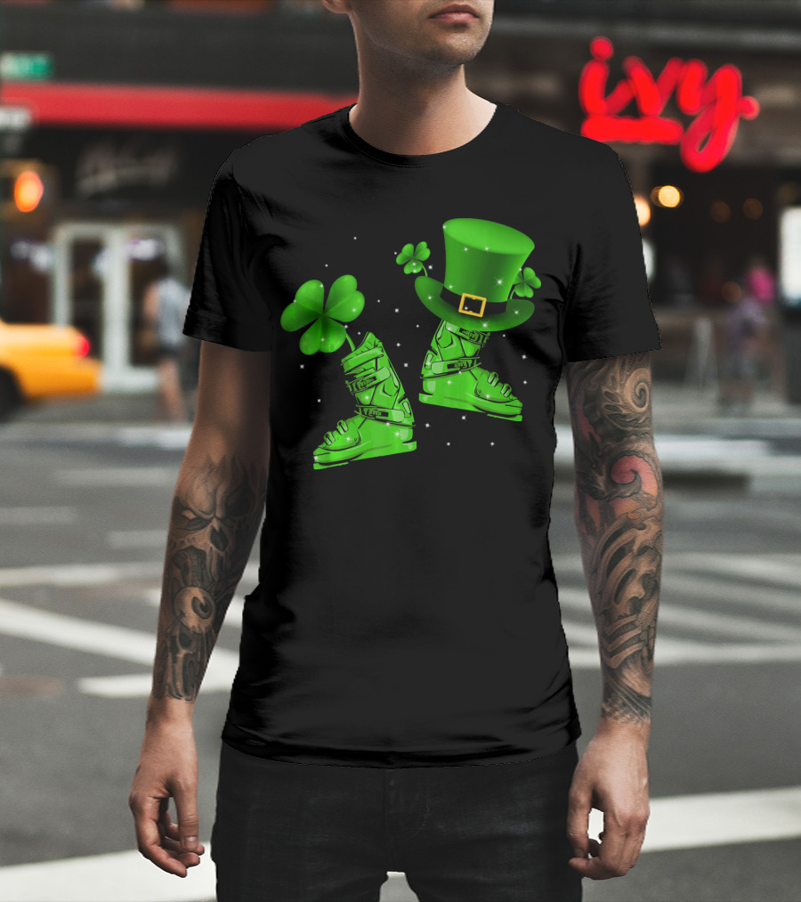 Shamrock Leprechaun Hat With Green Ski Boots T-Shirt