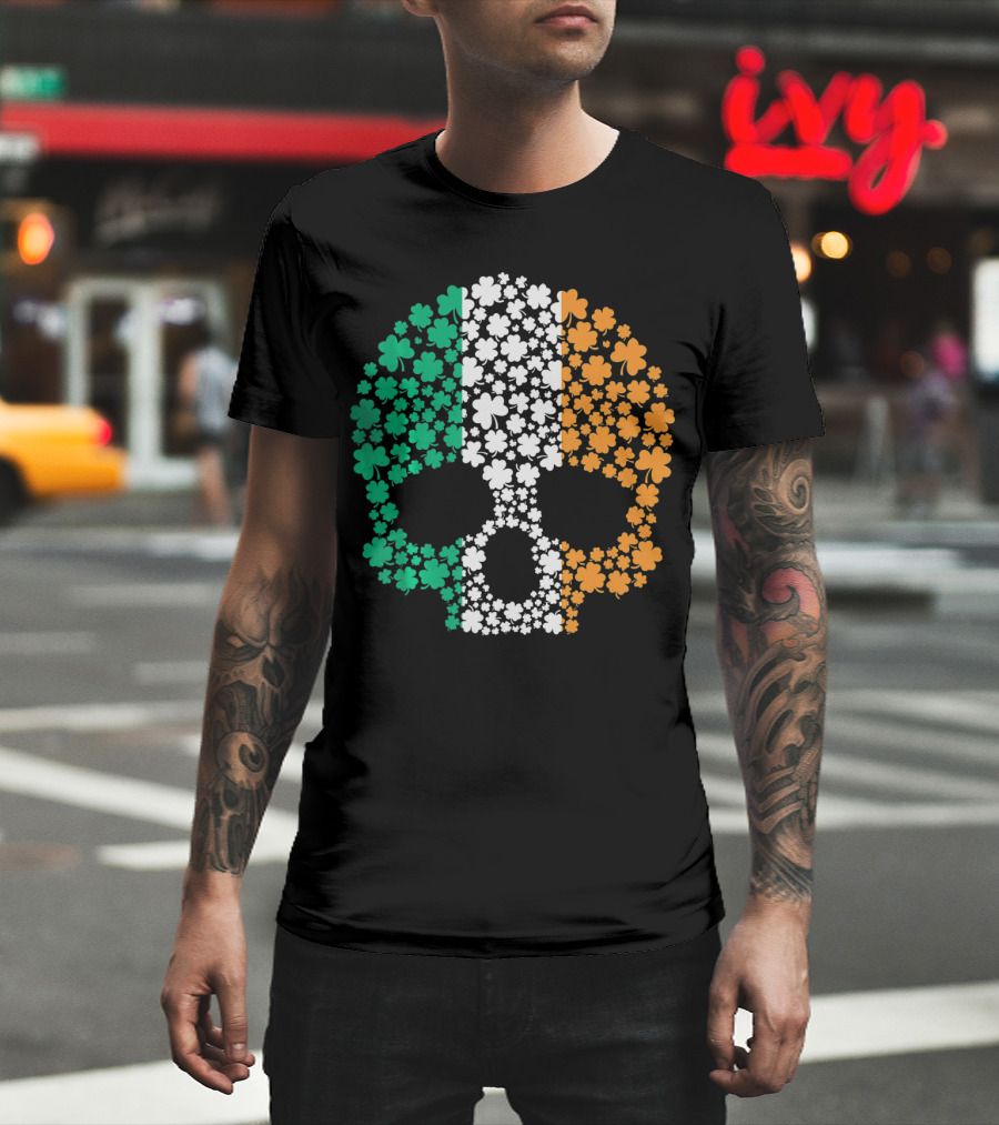 Irish Shamrock Skull With Tricolor Pattern For St. Patrick's Day T-Shirt