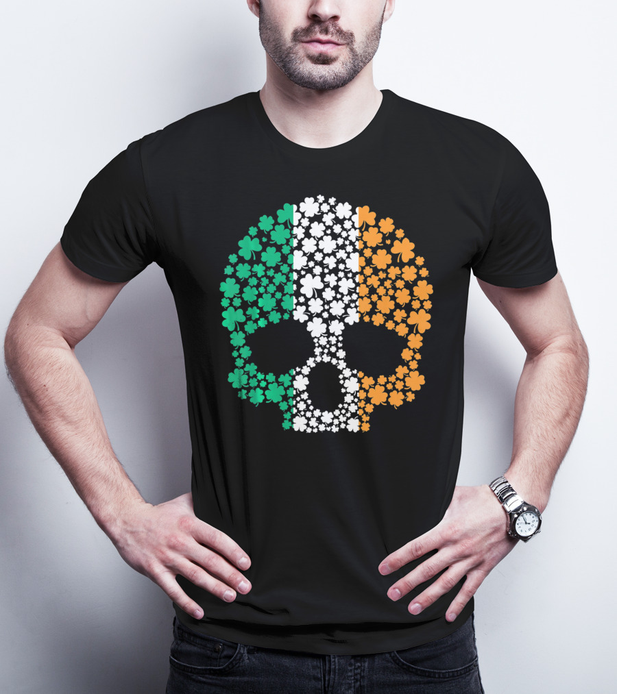 Irish Shamrock Skull With Tricolor Pattern For St. Patrick's Day T-Shirt