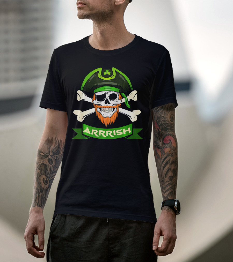 St Patricks Day Pirate Skull Arrish With Crossbones And Shamrock Hat T-Shirt