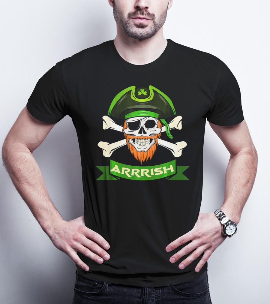 St Patricks Day Pirate Skull Arrish With Crossbones And Shamrock Hat T-Shirt