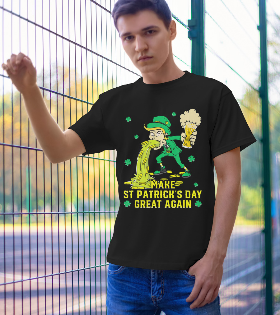 Make St Patrick's Day Great Again Leprechaun With Beer And Gold Coins T-Shirt