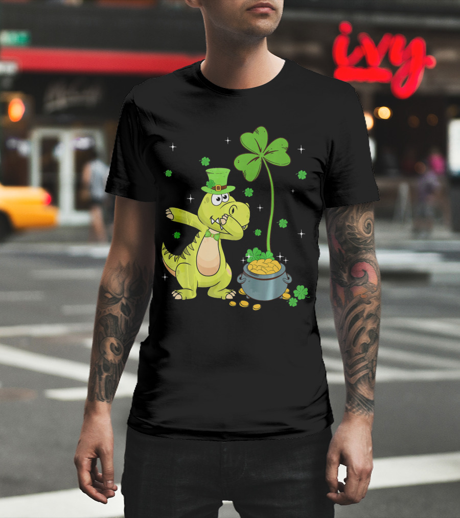 Shamrock Dabbing Dinosaur Leprechaun Gold Pot St Patricks T-Shirt