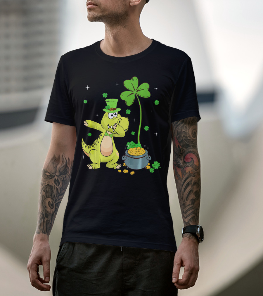 Shamrock Dabbing Dinosaur Leprechaun Gold Pot St Patricks T-Shirt