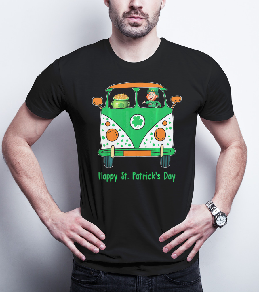 Happy St. Patrick's Day Leprechaun Gold Pot Hippie Car T-Shirt