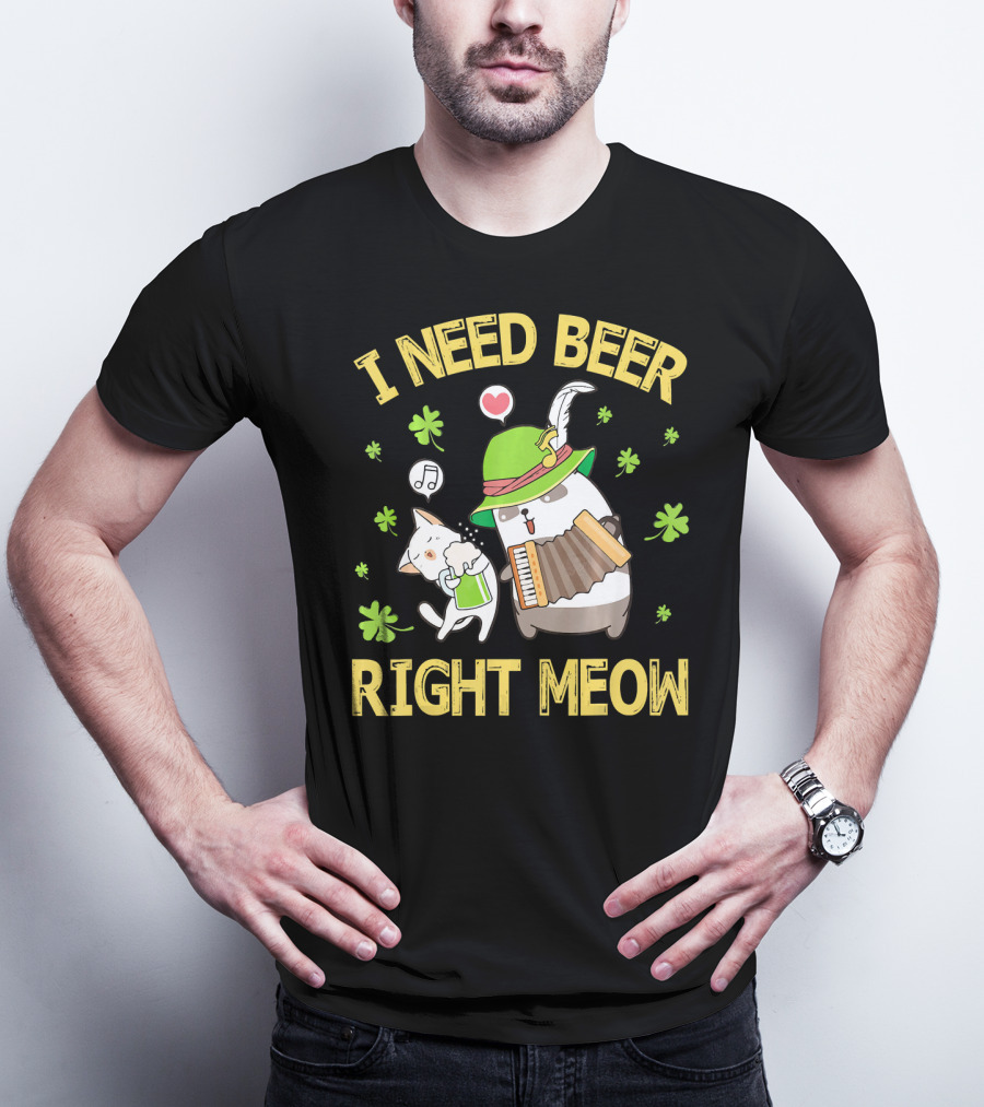 I Need Beer Right Meow Cat And Leprechaun Drinking And Dancing T-Shirt